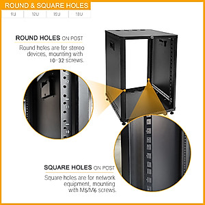 RIVECO POMU 12U Network & Stereo Rack with Caster Wheels, Rolling Server Rack Open Cabinet for 19 inches Audio Video Musical & IT Equipment Mounting, Round & Square Holes, Build in Handles Heavy Duty