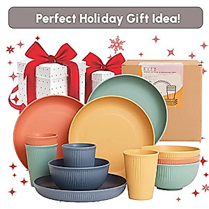 Wheat Straw Dinnerware Sets -Multicolor Dinnerware set w/Wheat Straw Plates, Bowls & Utensils - Dishwasher & Microwave-Safe Dishes Set for 4 - Seniors & Kids Plates and Bowls Sets by Slow Hour