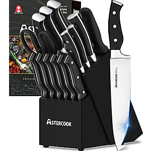 Knife Set, Astercook 15 Pieces Knife Sets for Kitchen with Block Triple Rivet High Carbon Stainless Steel Kitchen Knife Set with Sharpener, Dishwasher Safe, Black