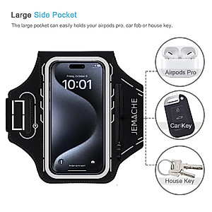 iPhone 15 Pro Max, 14 Pro Max Armband, JEMACHE Gym Workouts Running Phone Arm Band for iPhone 15/14 Plus, 15/14/13/12/11 Pro Max with Airpods Holder (Black)