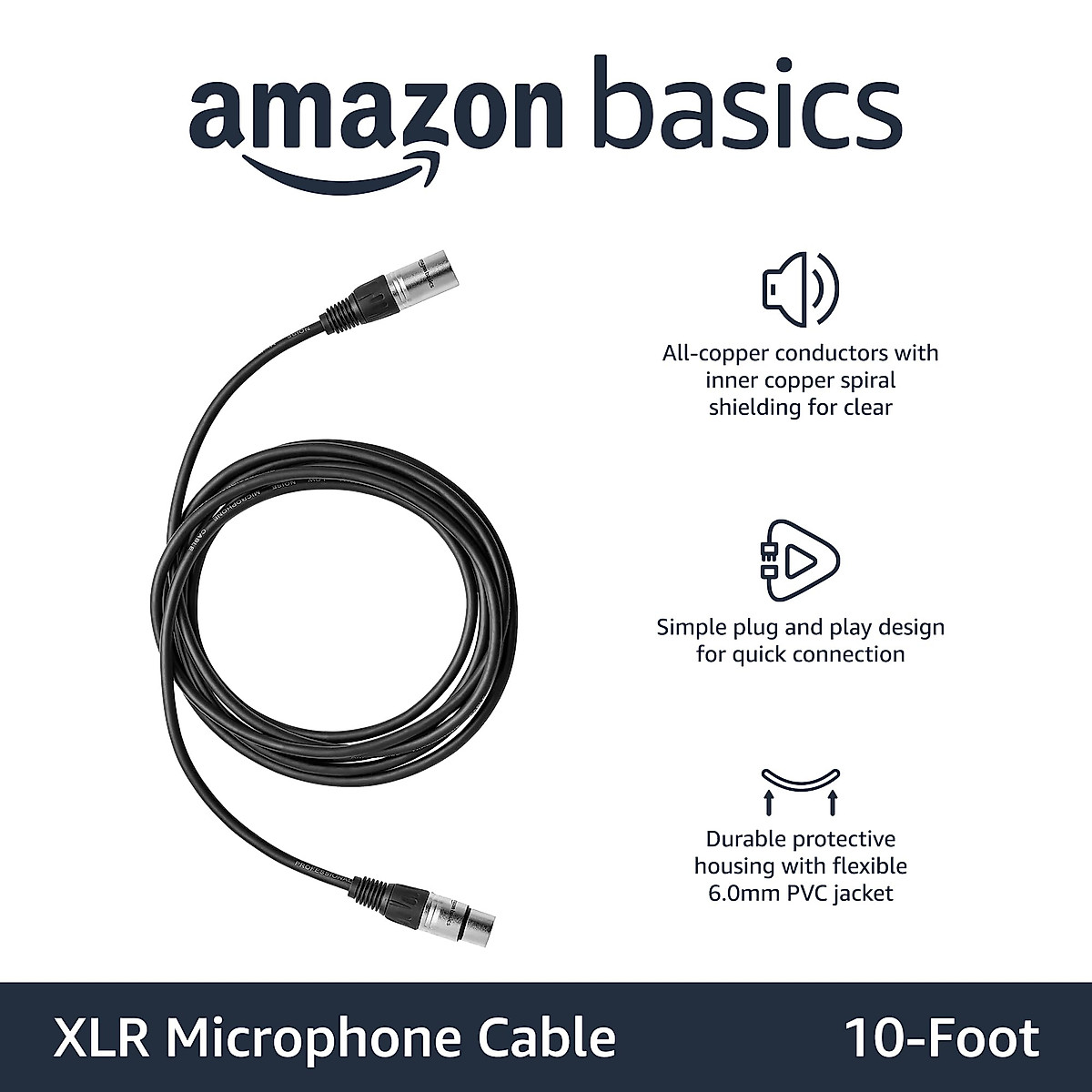Amazon Basics 2-Pack XLR Microphone Cable for Speaker or PA System, All Copper Conductors, 6MM PVC Jacket, 10 Foot, Black
