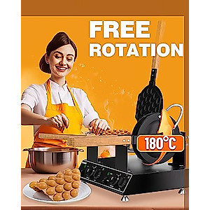 PYY Double Bubble Waffle Maker Commercial Waffle Maker Non-stick Hong Kong Egg Waffle Maker for Home Use Stainless Steel Pancake Maker 180° rotate, 1500W 110V Electric Cone Maker 50-250℃/122-482℉