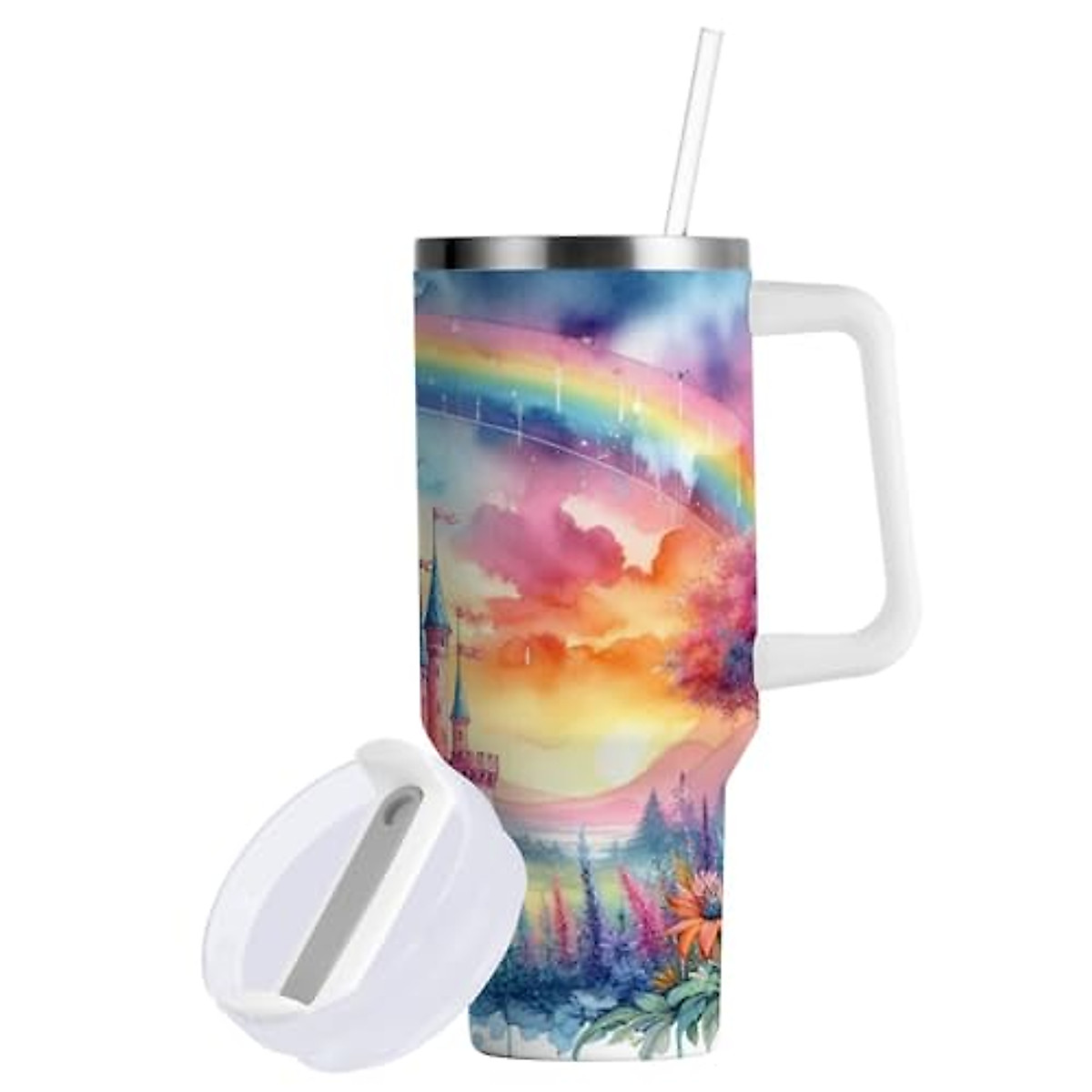 Jihqo Watercolor Fairy Castle 40 oz Stainless Steel Vacuum Insulated Tumbler with Handle and Straw Lid, Leakproof Water Bottle Double Wall Travel Mug Coffee Cup, Cupholder Friendly