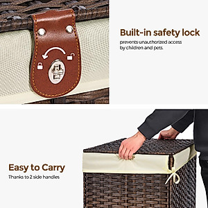 Honjourai Wicker Storage Basket with Lid,Rattan Shelf Basket with Removable Liner Bag,160L Storage Bin,Storage Trunk with Heightened Feet,Storage Container for Wardrobe,Home Organizer