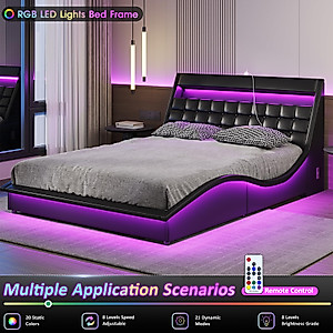 Fameill Queen Size LED Bed Frame with Bluetooth Speaker, PU Leather Upholstered Platform Bed Frame with Charging Station, Wave-Like Curve Design, Easy Assembly, Noise Free, No Box Spring Needed, Black