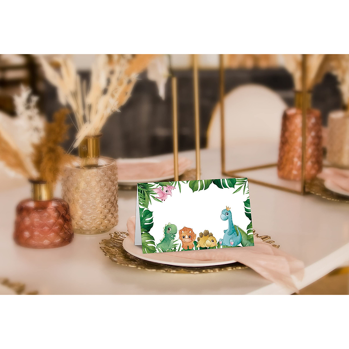 Table Place Card for Baby Shower, 25 Pcs Tent Cards Set with Tropical Palm Leaves Design, Editable Name Cards for Table Seating, Dinosaur Party Food Lables, Safari Jungle Baby Shower Decorations(10)