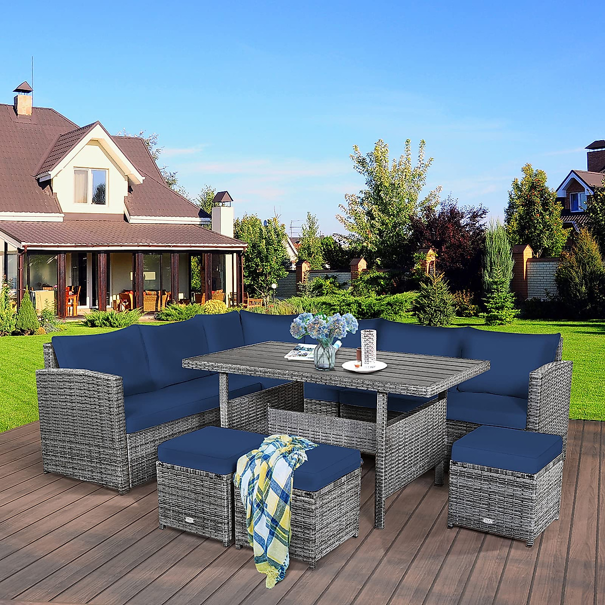 Tangkula 7 Pieces Patio Furniture Set, Outdoor Sectional Rattan Sofa Set with Cushions, All Weather Wicker Conversation Couch Set w/Dining Table & Ottomans for Backyard Garden Poolside (Navy Blue)