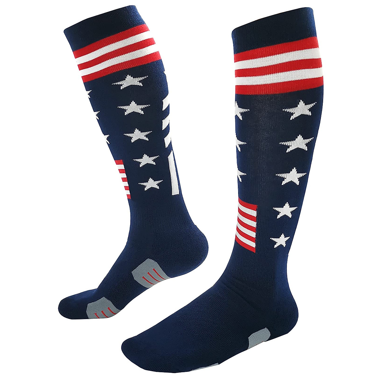 BUENWAZ Knee High American Flag Baseball Socks for Men Athletic Cushioned Patriotic Over the Calf Socks for Softball Football Soccer (Stars & Stripes)