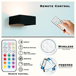 HEQIQEH Set of 2 Modern Style Battery Operated RGB Sconces, Indoor Up and Down LED Wall Lamp with Remote Control, Black Metal Dimmable Cordless Wall Lighting Fixtures for Corridor, Hallway, Galleries