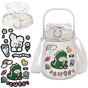 VAlinks Big Belly Stainless Steel Water Bottle with Shoulder Strap, Handle & Cute Stickers, 32oz/900ml Cute Insulated Water Bottle with Straw, Leak Proof Flip-Top Lid Vacuum Bottle, White