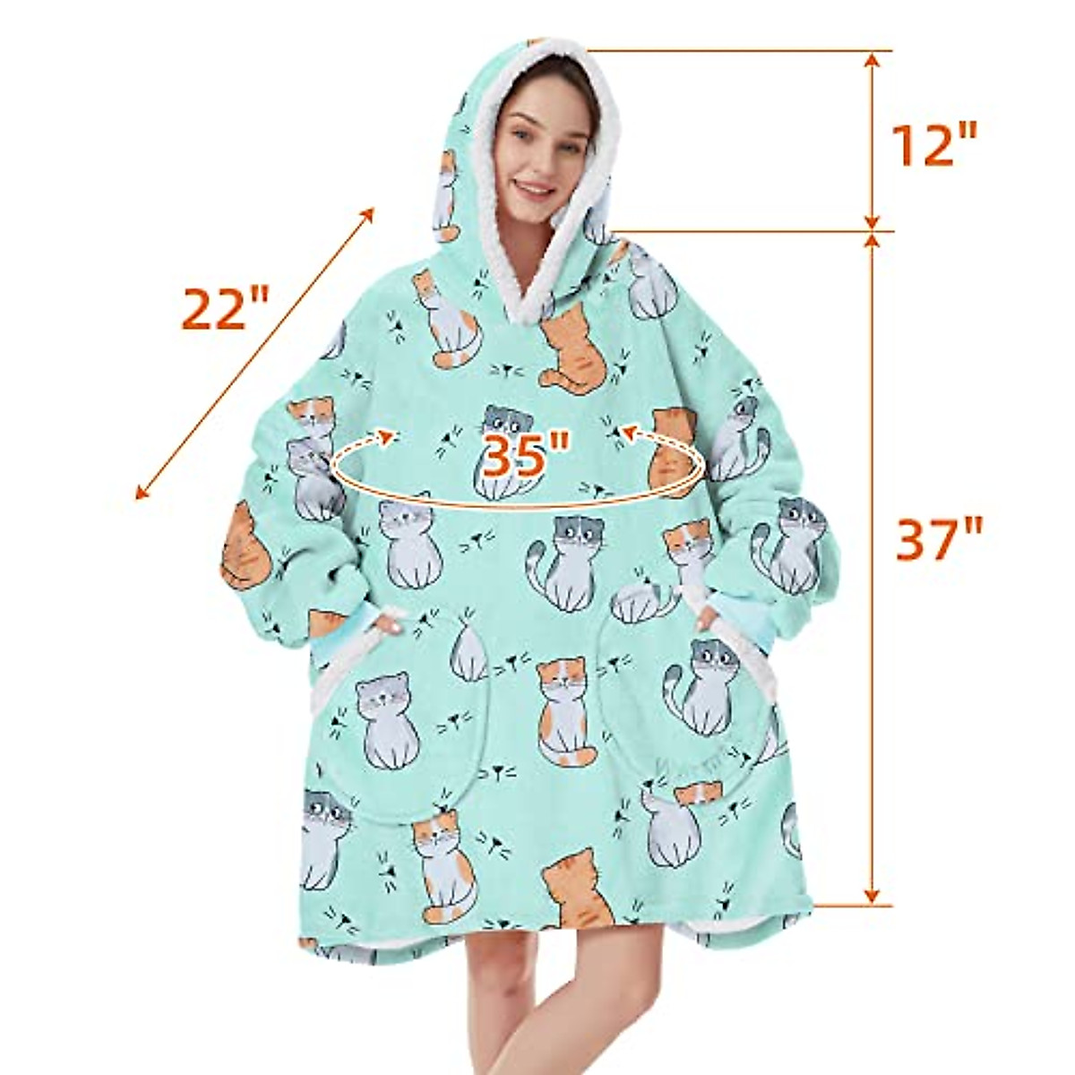 Durio Wearable Blanket Hoodie Cute Patterns Blanket Sweatshirt for Women Men Sherpa Fleece Hooded Blanket Hooded Sweatshirt Cat One Size