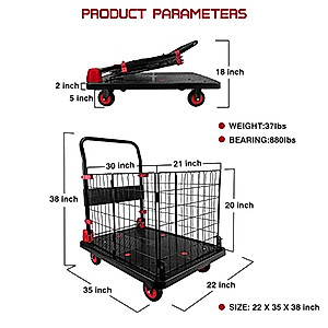 Platform Truck Cart with Cage, Foldable Push Cart Dolly 880lb Capacity w/ 5'' TPR 360 Degree Swivel Wheels, Heavy Duty Moving Portable Hand Trucks for Warehouse, Groceries, Garage