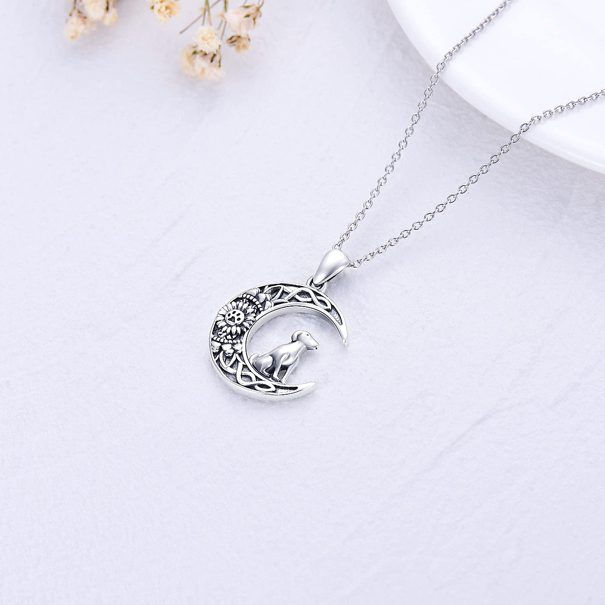 RMREWY Dog Necklaces 925 Sterling Silver Crescent Moon Sunflower Necklace Dog Paw Jewelry Mother's Day Gifts for Women Mom