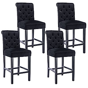 DM Furniture DM-Furniture Counter Height Barstools 26'' Velvet Bar Stools Modern Upholstered Kitchen Island Wood Chairs for Home Pub/Bistro/Coffee House (Set of 4, Black) Velvet, Black
