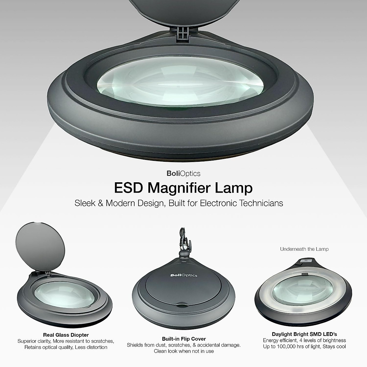 ESD Safe (Glass Lens) Professional LED Magnifying Lamp with Clamp (3 Diopter, 1.75X Magnification) Dimmable Work Light, Daylight Bright, 1200 Lumens 5600K-6000K, 60 SMD LEDs, BoliOptics MG16303222