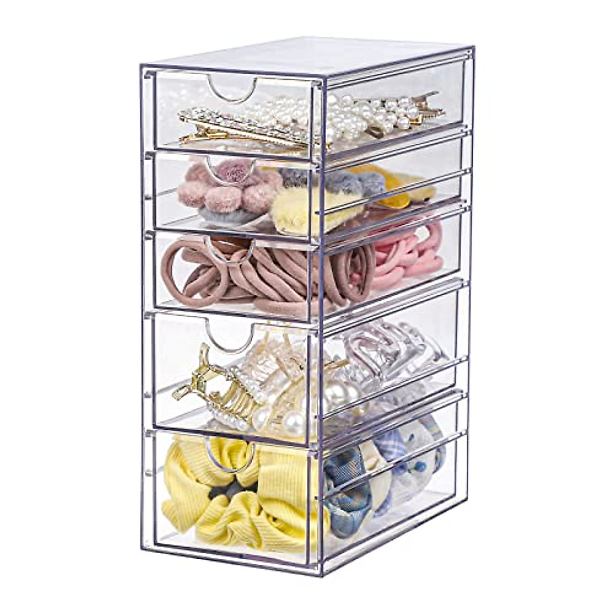 FABROK Clear Hair Accessory Organizer Box with 5 Drawers, Compact Storage Organization Drawers Set for Cosmetics, Glasses, Stationery, Stackable Storage Containers Box for Bathroom, Closet, Desk, Office
