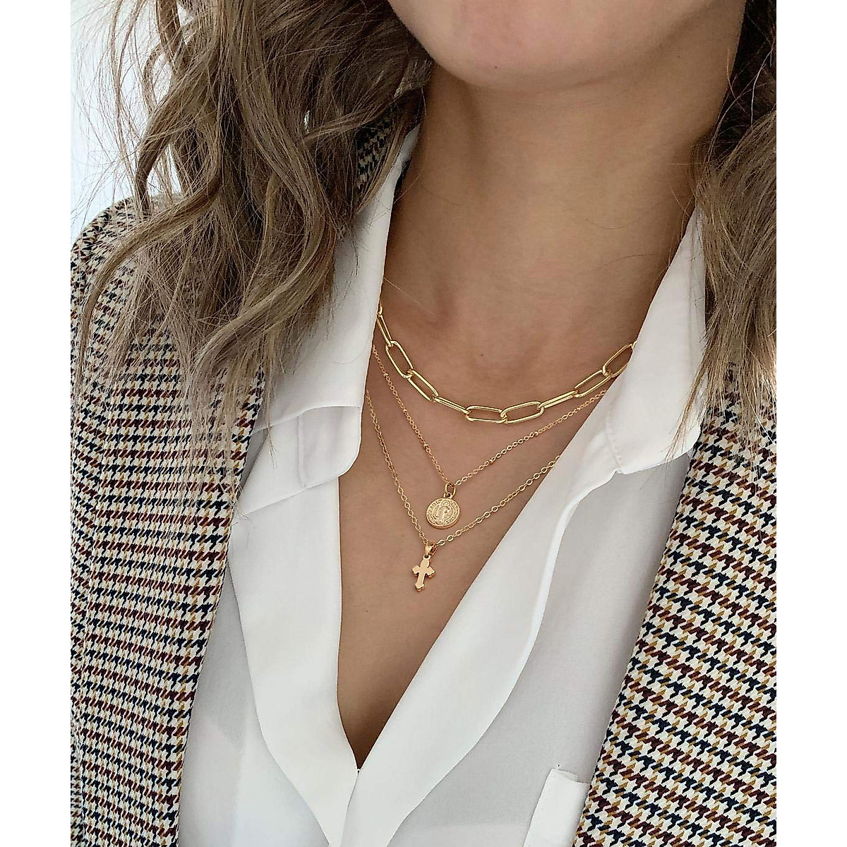 Dainty Tiny 18K Gold St Benedict Medals Layered Cross Necklace for Women Delicate Simple Cute Coin Pendant Statement Double Layering Chain Necklaces Evil Protection Religious Jewelry Catholic Gifts