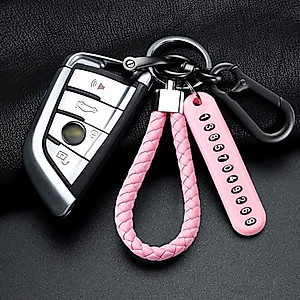 Hawyet 1 PC Car Keychain, Anti-lost Number Card Braided Rope Organizer with Horseshoe Buckle, Universal for Most Cars (Pink)