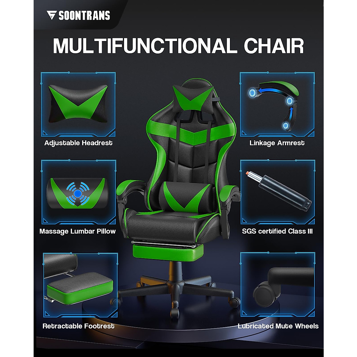 Soontrans Green Gaming Chair with Footrest,Racing Gaming Chair,Computer Gamer Chair,Ergonomic Game Chair with Adjustable Headrest and Lumbar Support(Jungle Green)