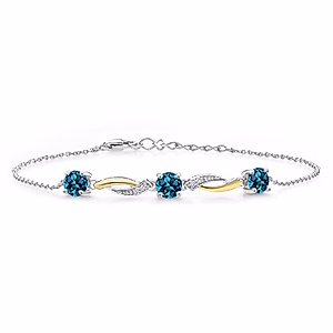Gem Stone King 925 Silver and 10K Yellow Gold London Blue Topaz and White Lab Grown Diamond Tennis Bracelet For Women (2.14 Cttw, Gemstone Birthstone, 7 Inch, with 1 Inch Extender)