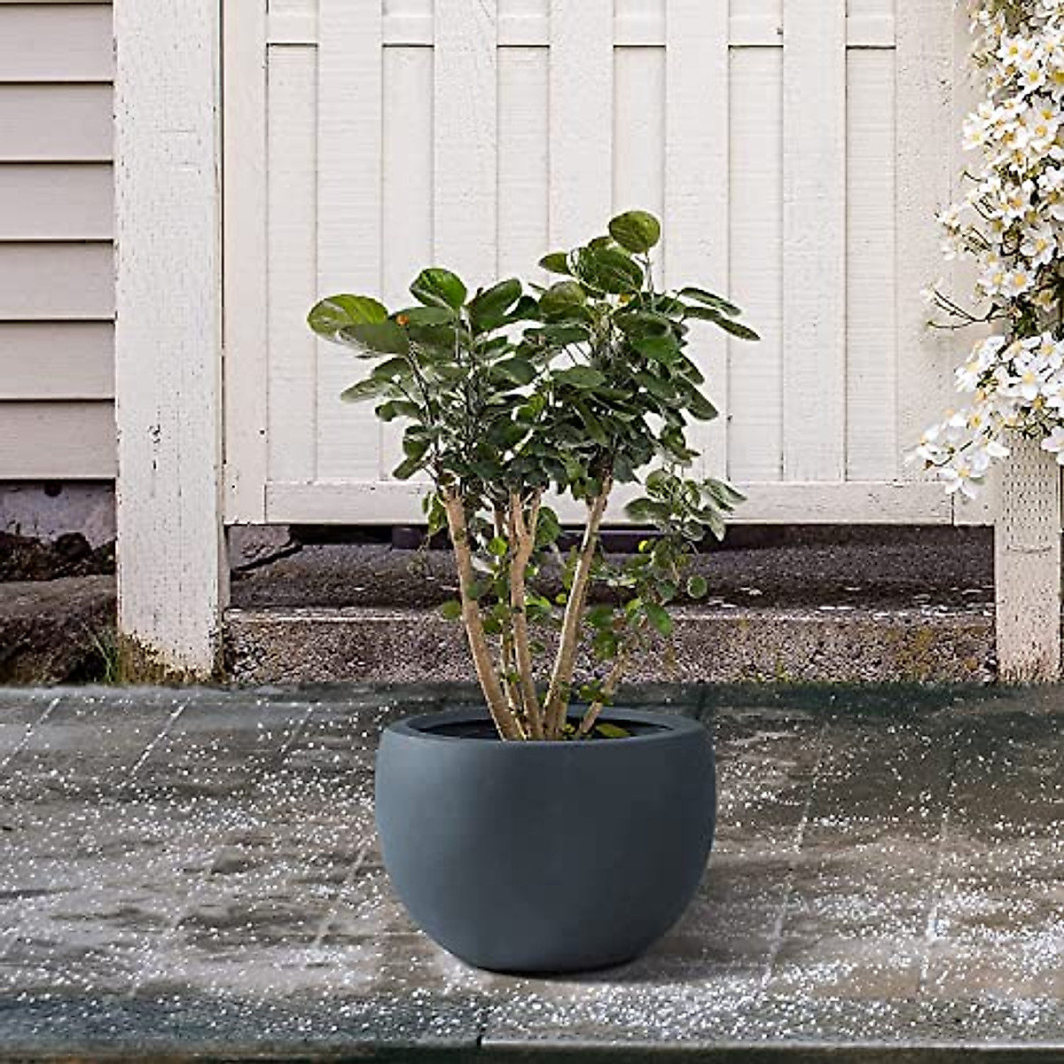 Kante 20" D Lightweight Concrete Outdoor Round Bowl Planter, Outdoor/Indoor Large Planters Pots with Drainage Hole for Garden Patio Balcony Deck Living Room, Charcoal