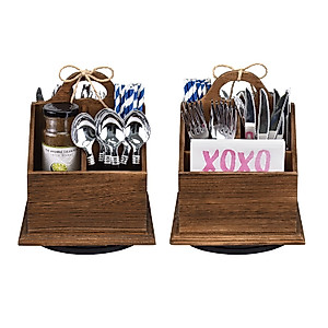 Ikee Design Rotating Wooden Utensil Holder Flatware Utensil Caddy with a Handle - Silverware Holder for Spoons, Knives, Forks, Napkins for Restaurant, Living Room and Kitchen, Brown Color