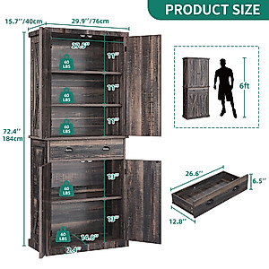 YITAHOME 72'' Farmhouse Kitchen Pantry, Wood Kitchen Storage Cabinets with Drawer and Adjustable Shelves, Kitchen Versatile Storage for Kitchen, Dining Room, Living Room, Dark Rustic Oak