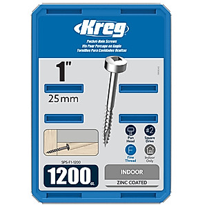 Kreg SPS-F1-1200 Zinc Pocket Screws, 1 Inch #6 Fine Thread, Pan Head (1200 Count)