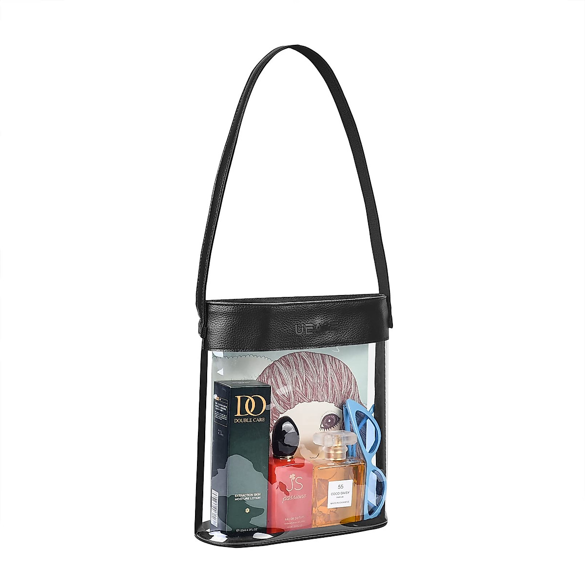 UEASE Clear Bucket Bag with Magnetic Buckle Closure Women PVC Shoulder Handbag for Stadium Approved (Black)