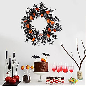 Halloween Floral Wreath Hangers, 11.81inch 35cm Round Artificial Leaf and Branch Pumpkin Cards Garland for Inside Outside, Farmhouse, Porch Wall or Window Decor Sign Front Door Decoration