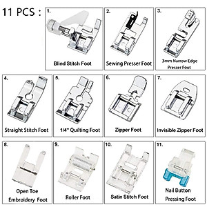 11Pcs Presser Feet, Sewing Machine Kit Household DIY Spare Parts Accessories for Sewing Machine Brother Singer Janome Toyota