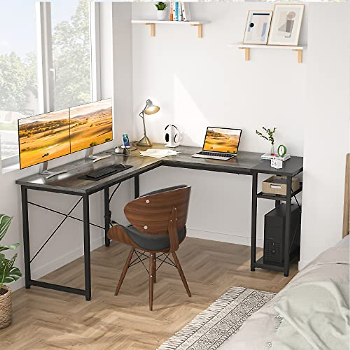 Ecoprsio L-Shaped Desk with Power Station and USB, Large L Shaped Gaming Desk with Storage Shelves Industrial Corner Desk Writing Study Table for Home Office Gaming Workstation, Oak and Black