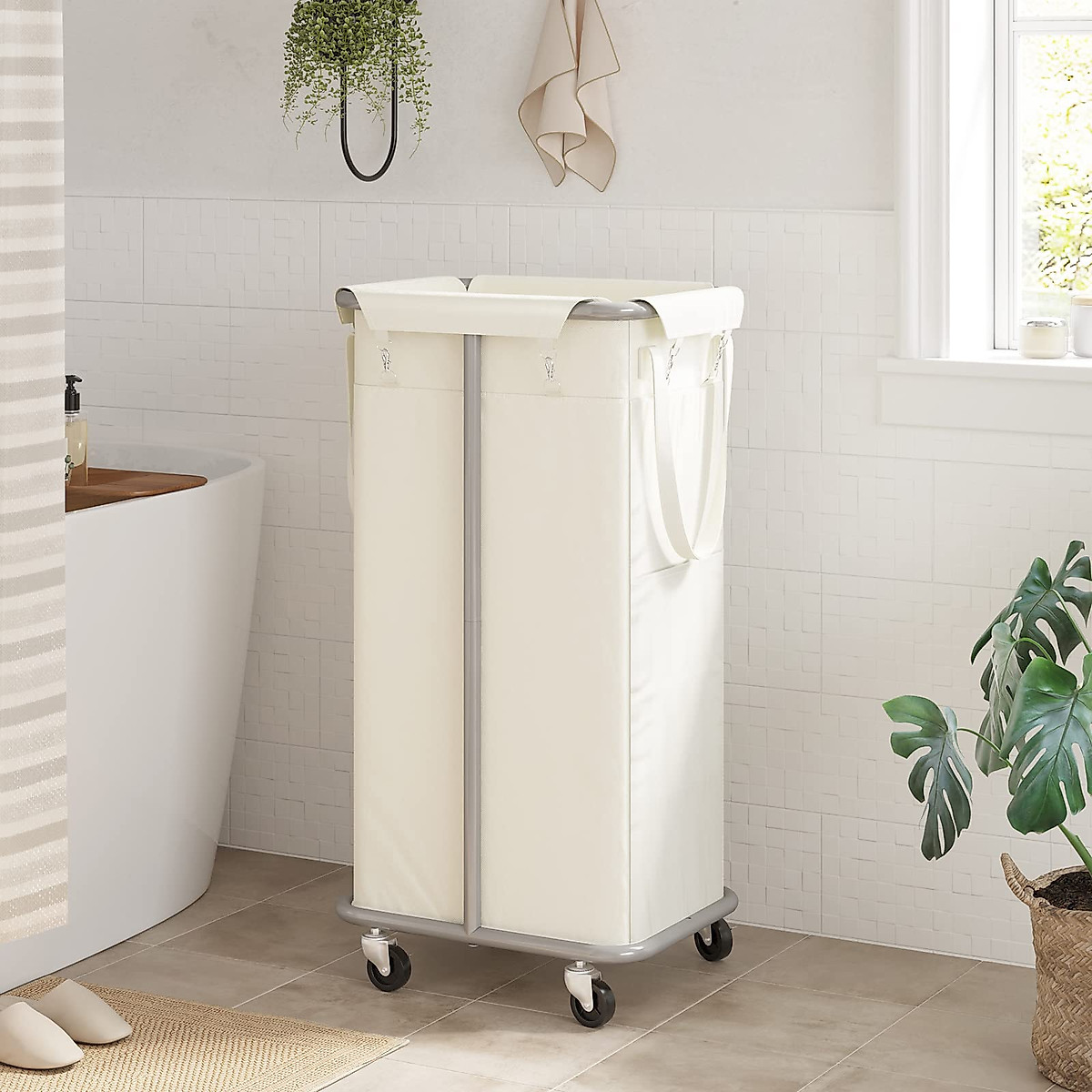 WOWLIVE 100L Rolling Laundry Hamper with Wheels Large Laundry Basket Organizer Laundry Cart with Steel Frame and Removable Bag Foldable Tall Dirty Clothes Hamper Dorm Room Storage for Bedroom (Beige)