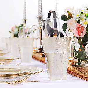 bUCLA 100Pack Gold Glitter Plastic Cups-12oz Plastic Square Cups-Wedding/Party Disposable Cups-Premium Disposable Tumblers for Thanksgiving Party