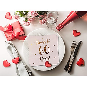 Cheers to 60 Years Cocktail Napkins | Happy 60th Birthday Decorations for Men and Women and Wedding Anniversary Party Decorations | 50-Pack 3-Ply Napkins | 5 x 5 inch folded (Pink)