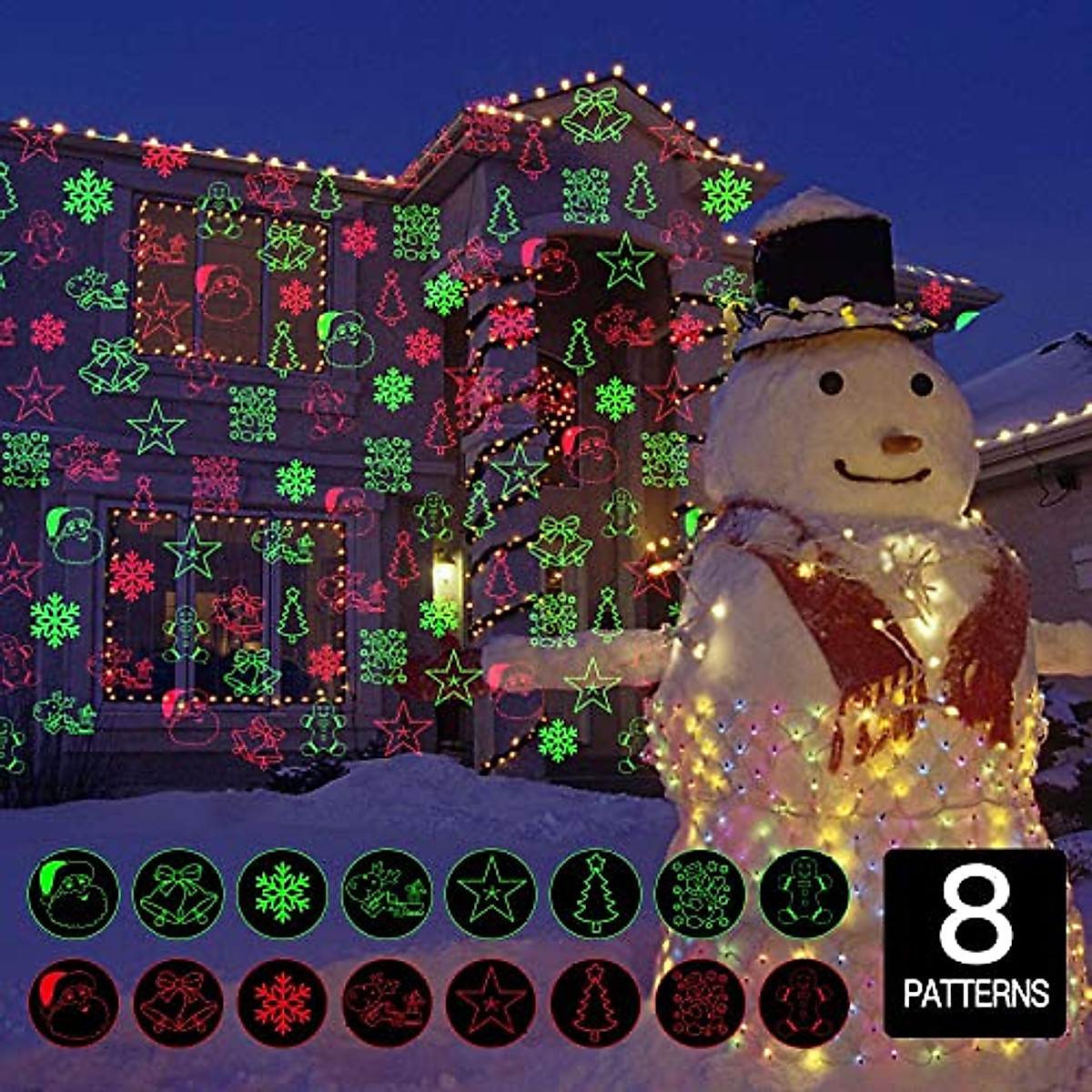 Christmas Laser Projector Lights, 8 Patterns LED Projection Lights with Remote, Landscape Projector Spotlights, Red and Green Star Show, Decoration for Outdoor and Indoor, Christmas, Holiday