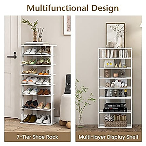 Tangkula 7-Tier Vertical Shoe Rack, Patented Entryway Wooden Double Rows Shoes Rack with Anti-Toppling Device, Narrow Shoe Rack Organizer, Space Saving Shoes Storage Stand for Front Door