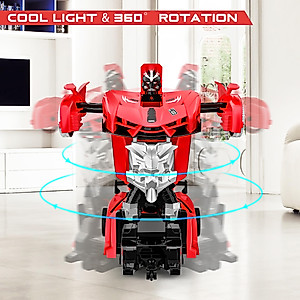 Remote Control Car, Toy for 3-8 Year Old Boys, 360° Rotating RC Deformation Robot Car Toy with LED Light, Transform Robot RC Car Age 3 4 5 6 7 8-12 Years Old for Kids, Boys Girls Birthday Gifts (Red)