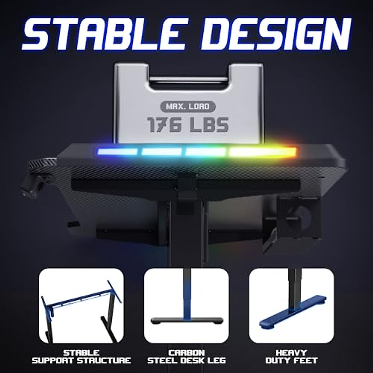 Gaming Desk with LED Lights & APP Control, 48" x 24" Gaming Table with Music Sensing, Underdesk Cable Storage Electric Standing Desk, Black Carbon Fiber PC Desk for Gaming and Home Office