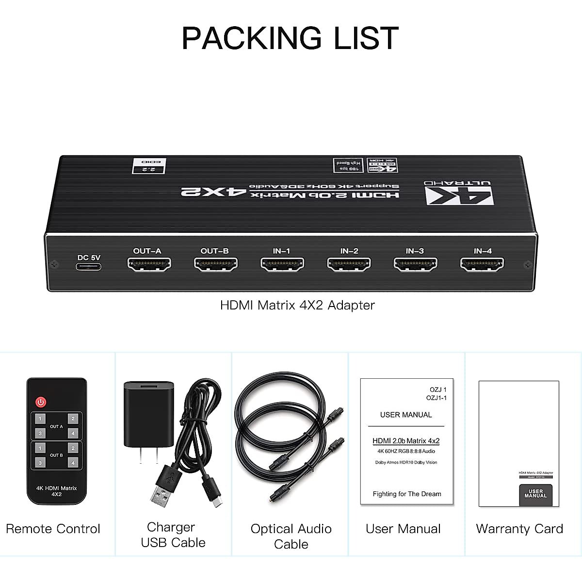 ZPTEK 4K HDMI Matrix Switch 4 X 2,4 in 2 Out Video Switcher Splitter, Optical and LR Audio Outputwith IR Remote Controller,Support 4K@60Hz 3D 18.5Gbps x 3 Data Rate, HDMI 2.0b, HDCP 2.2, MH42-C1