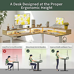 FEZIBO Triple Motor L Shaped Stadning Desk with LED Strip & Power Outrlets，63 inches Height Adjustable Stand up Corner Desk with Ergonomic Monitor Stand, White Frame/Natural Top