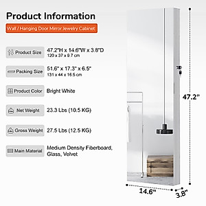 GISSAR Full Length Mirror Jewelry Cabinet, 6 LEDs Jewelry Armoire Wall Mounted Over The Door Hanging, Jewelry Organizer Storage with Lights Lockable, Bright White, 14.6" x 47.2"