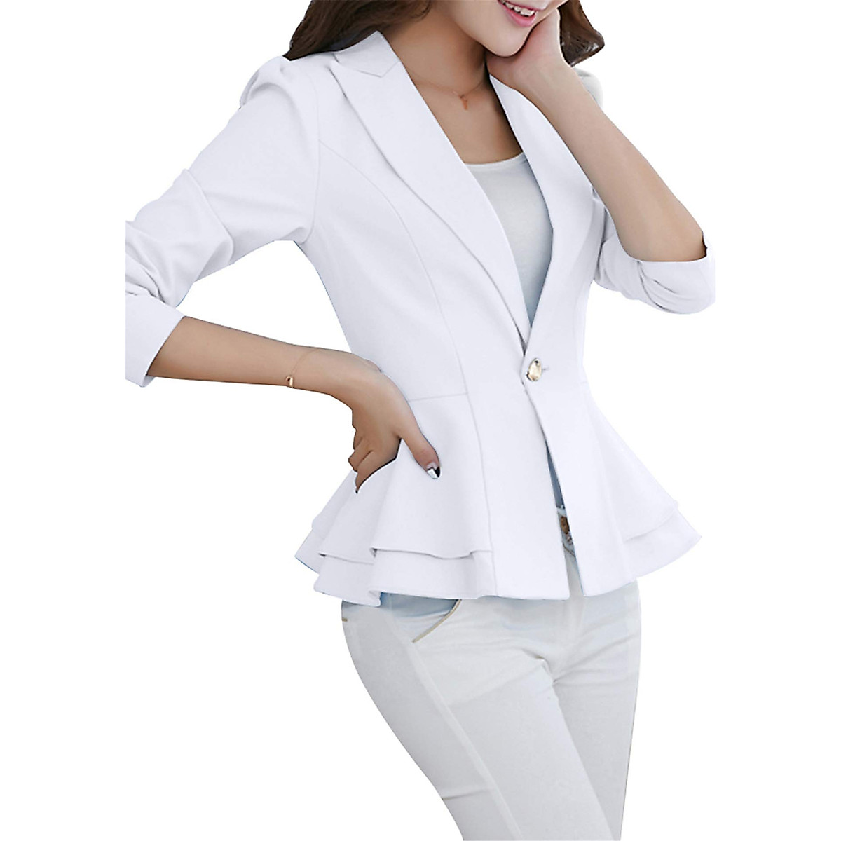 FLITAY Womens Business Solid Lapel Notched Fashion Blazer Casual Ruched Blazer Coat White M