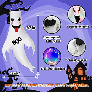 2Pcs 47" Halloween Ghost Windsocks Decorations with LED Light Outdoor Halloween Decorations Hanging Ghost Windsocks Décor for Halloween