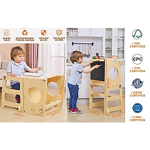 4-in-1 Foldable Kitchen Stool Helper with Safety Crossbar, Standing Toddlers Tower with Chalkboard for Learning, Montessori Folding Desk Table and Chair Set for Kids 1-6 Years