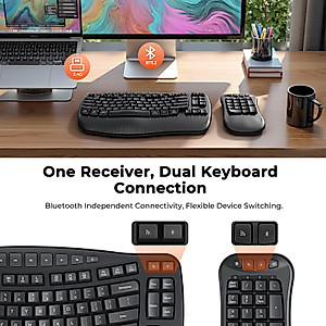 MEETION Ergonomic Wireless Keyboard with Separate Numeric Keypad, Wave Flexible 2-in-1 Setup for Multi-Device, 2.4G/Bluetooth Split Design with Wrist Rest for Accountants/Data Entry/Left-Handed User