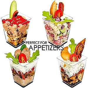 DLux 50 x 5 oz Mini Dessert Cups with Spoons, Square Large - Clear Plastic Parfait Appetizer Cup - Small Reusable Serving Bowl for Tasting Party Desserts Appetizers - With Recipe Ebook