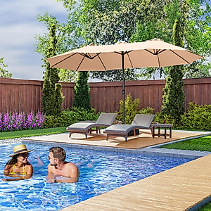 15ft Large Patio Umbrella, Outdoor Double-Sided Market Umbrella with Crank Handle, Patio Table Umbrella, Pool Umbrella, Brown