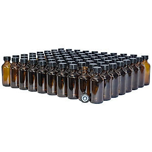 GlassBottleOutlet (80 Pack) 2 oz. Amber Boston Round with Black Poly Cone Cap