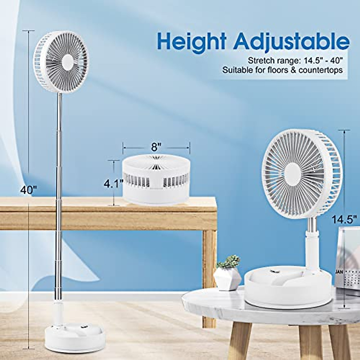 LIPETY Foldable Oscillating Standing Fan with Remote Control, 8" Portable Desk Quiet Fan, 7200mah Rechargeable USB Small Fan, Folded Floor Pedestal Fan for Bedroom Office Camp Travel